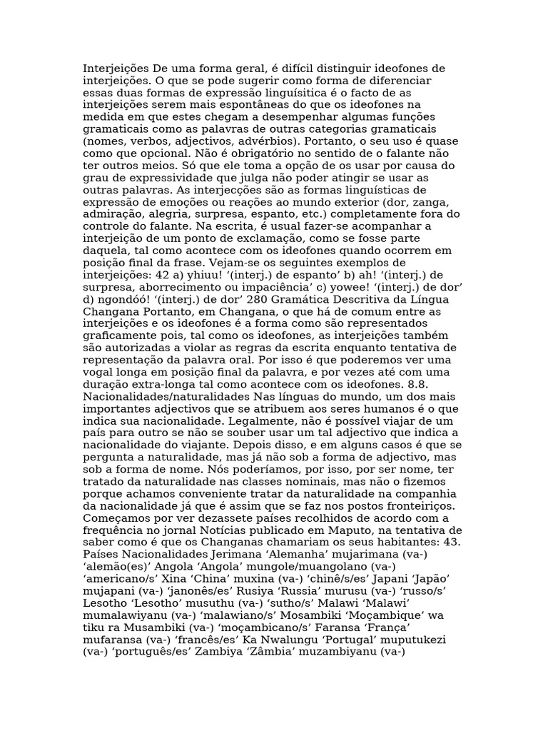 Interjeições e Nacionalidades em Changana | PDF | Palavra | Gramática