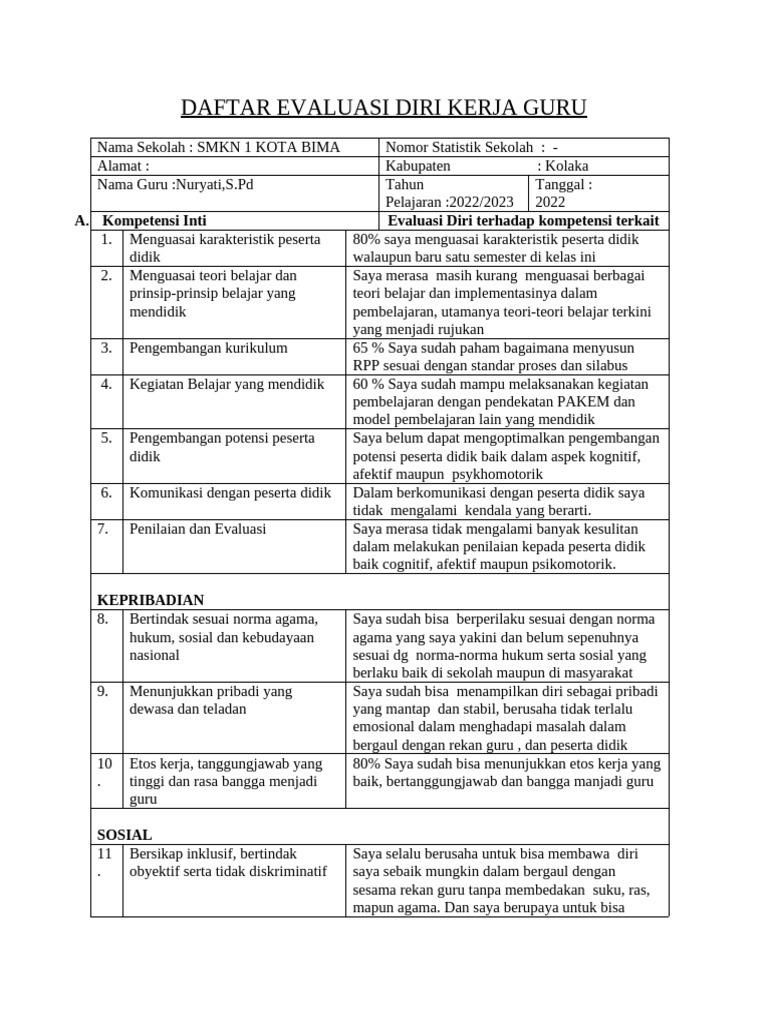 359294103-Daftar-Evaluasi-Diri-Kerja-Guru | PDF
