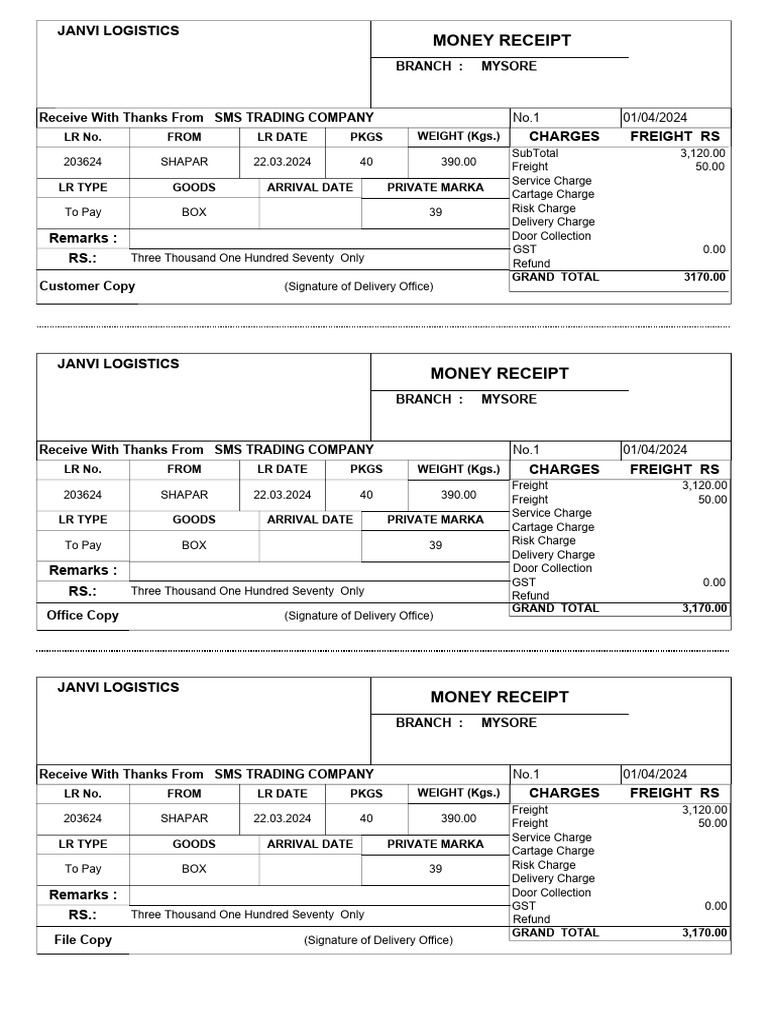 Money Receipt: Janvi Logistics | PDF