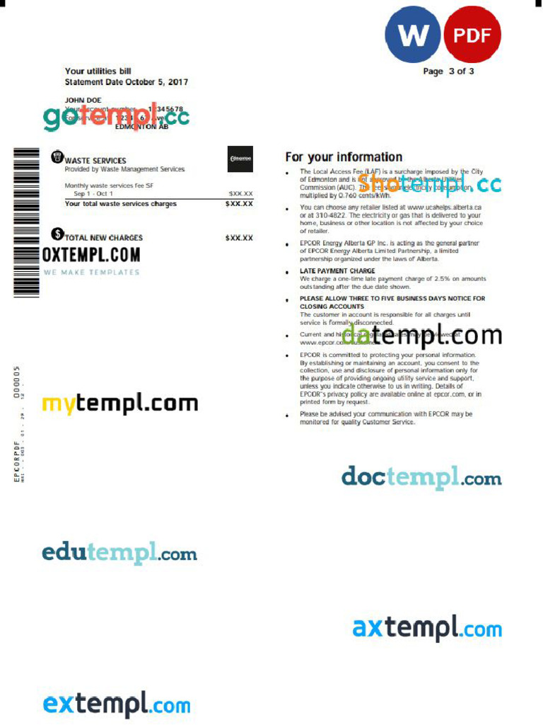 Doctempl - Canada Epcor electricity utility bill template in Word and ...