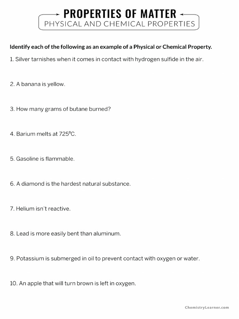 Chemical and Physical Changes and Properties of Matter Worksheet | PDF