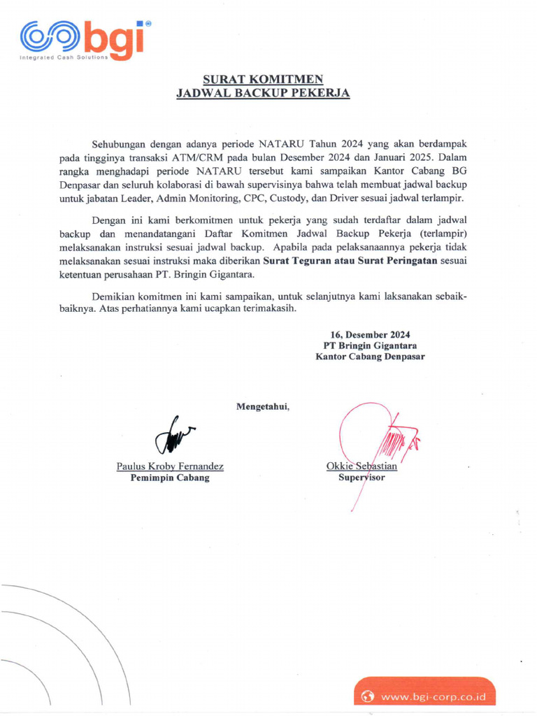 Surat Komitmen Jadwal Backup Pekerja | PDF