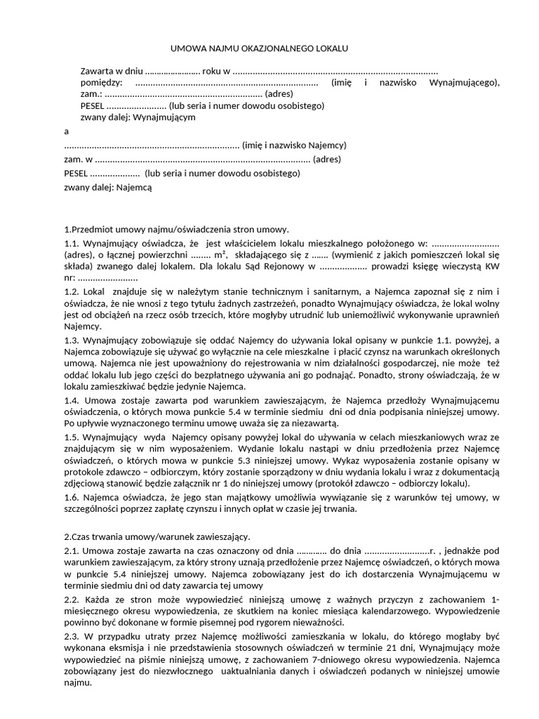 Umowa-najem-okazjonalny-do-druku-i-uzupelnienia-elektronicznie | PDF