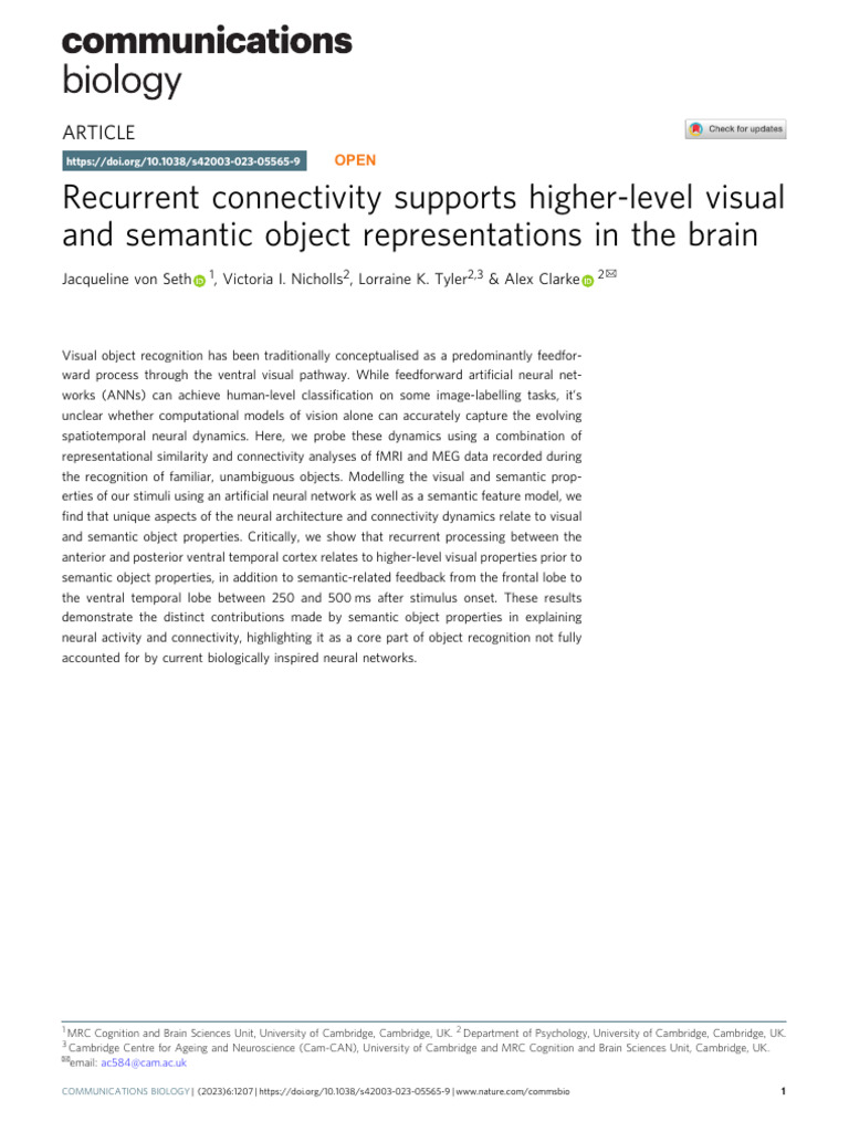 NCB-23-Recurrent connectivity supports higher-level visual and semantic object | PDF | Visual ...