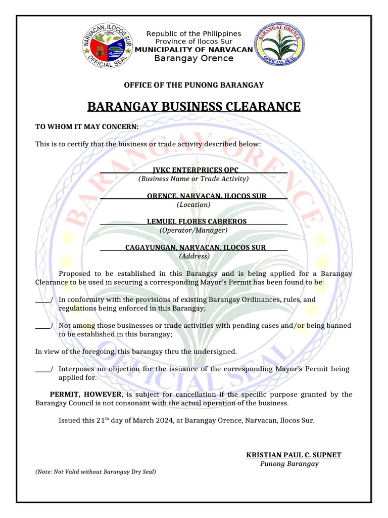 Barangay Business Clearance: JVKC | PDF