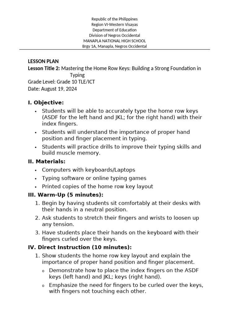 Grade 10 Typing Lesson 1 - Home Keys | PDF