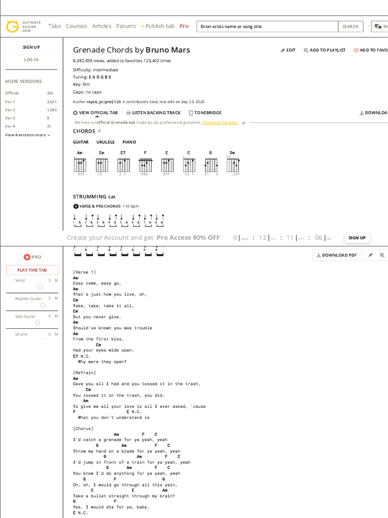 GRENADE CHORDS by Bruno Mars @ Ultimate-Guitar.Com | PDF | Song ...