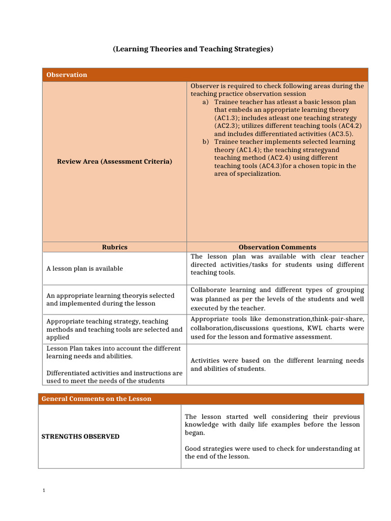Task4c - Using Teaching Tools My Observation Report (With Task 4B Lesson Plan) | PDF | Lesson ...