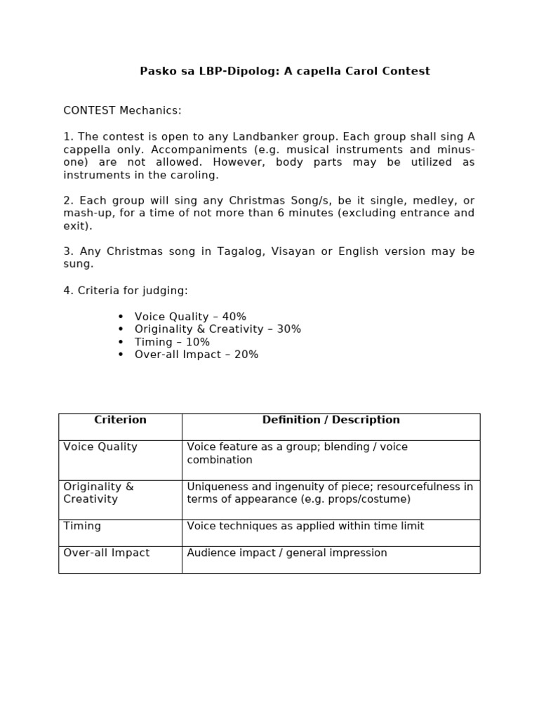 Pasko Sa LBP-Dipolog Caroling Contest | PDF