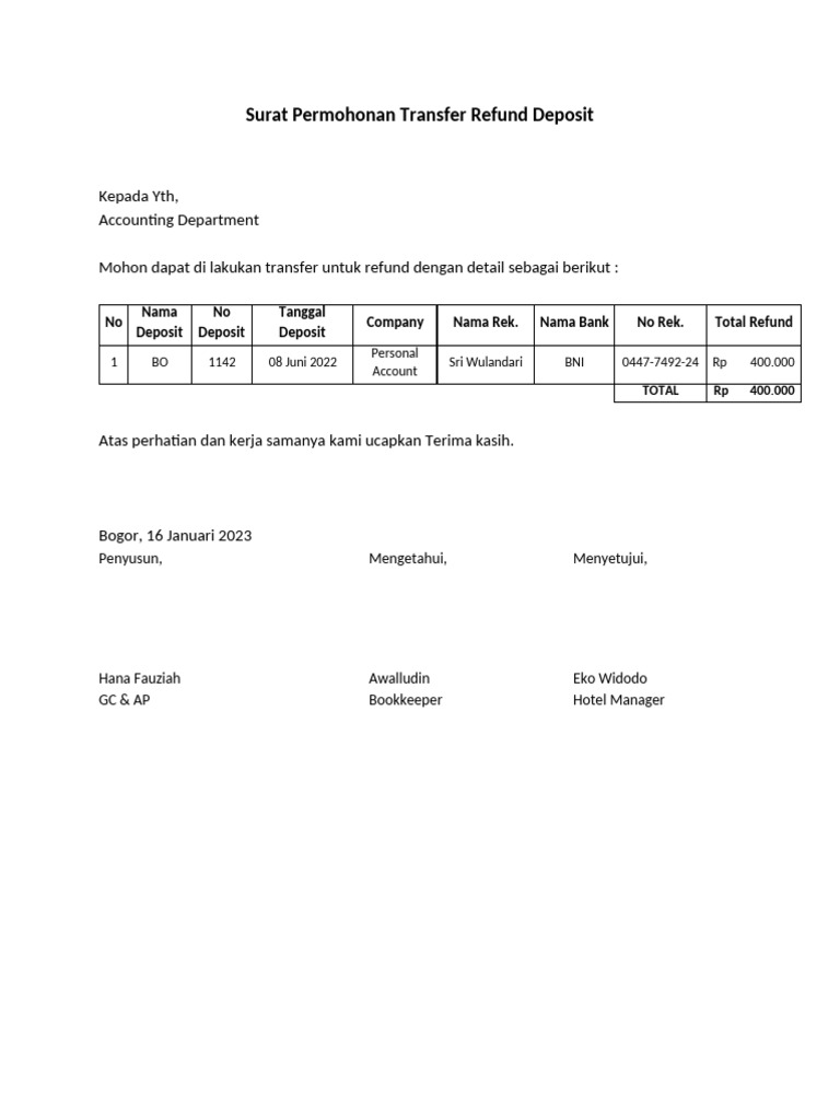 Surat Permohonan Refund Deposit | PDF