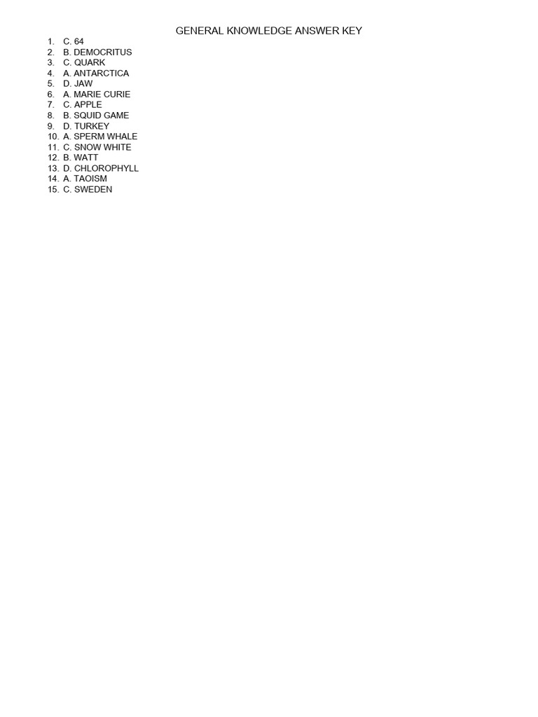 General Knowledge Answer Key | PDF