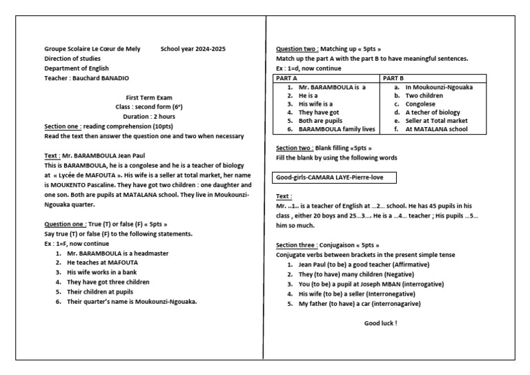 DEVOIR DEPARTEMENTAL 5è CSPJM | PDF | Question | Languages