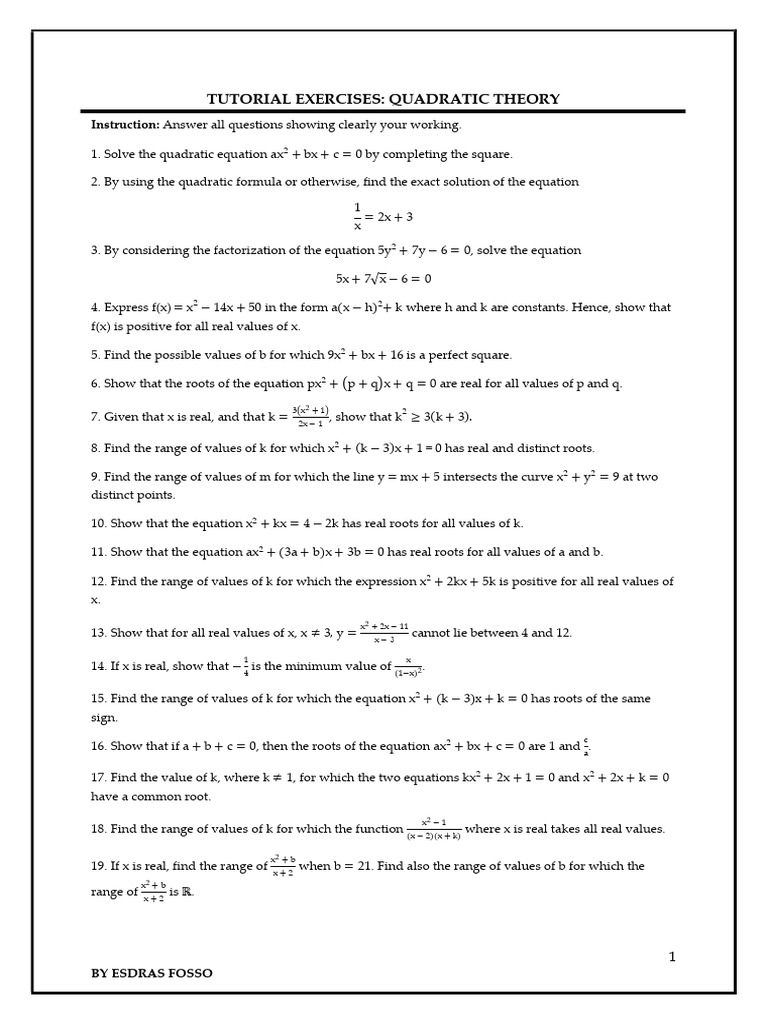 1.1. Tutorials On Theory of Quadratic Functions and Equations | PDF ...
