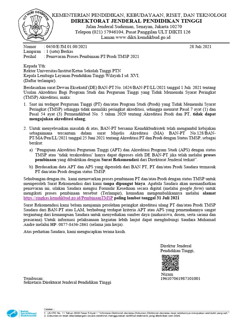 (Publish) Surat Penawaran Proses Pembinaan PT_Prodi TMSP | PDF