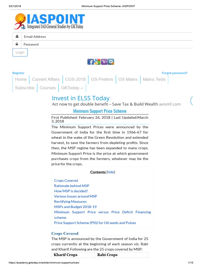 Minimum Support Price Scheme - IASPOINT | PDF | Agriculture