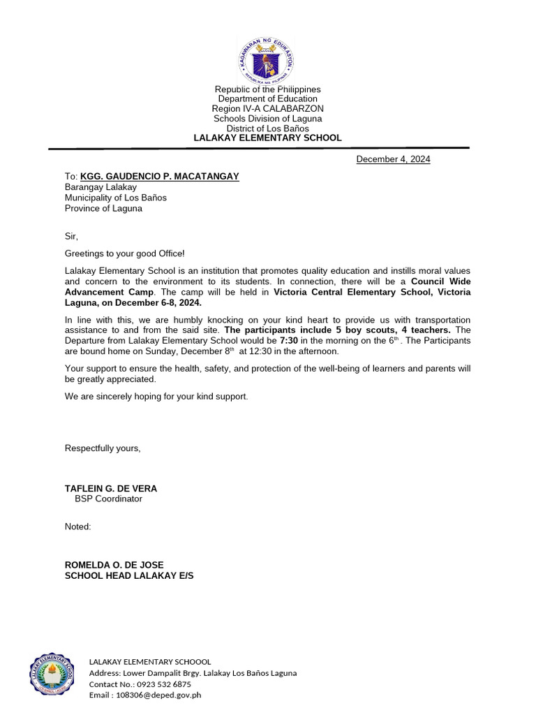 Letter - of Request For Transpo - Camping - 2024 | PDF