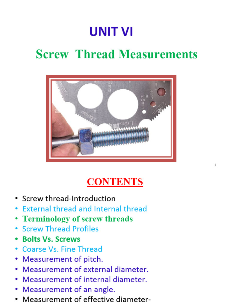 Unit 6 - Screw Thread Measurement | PDF | Screw | Metalworking