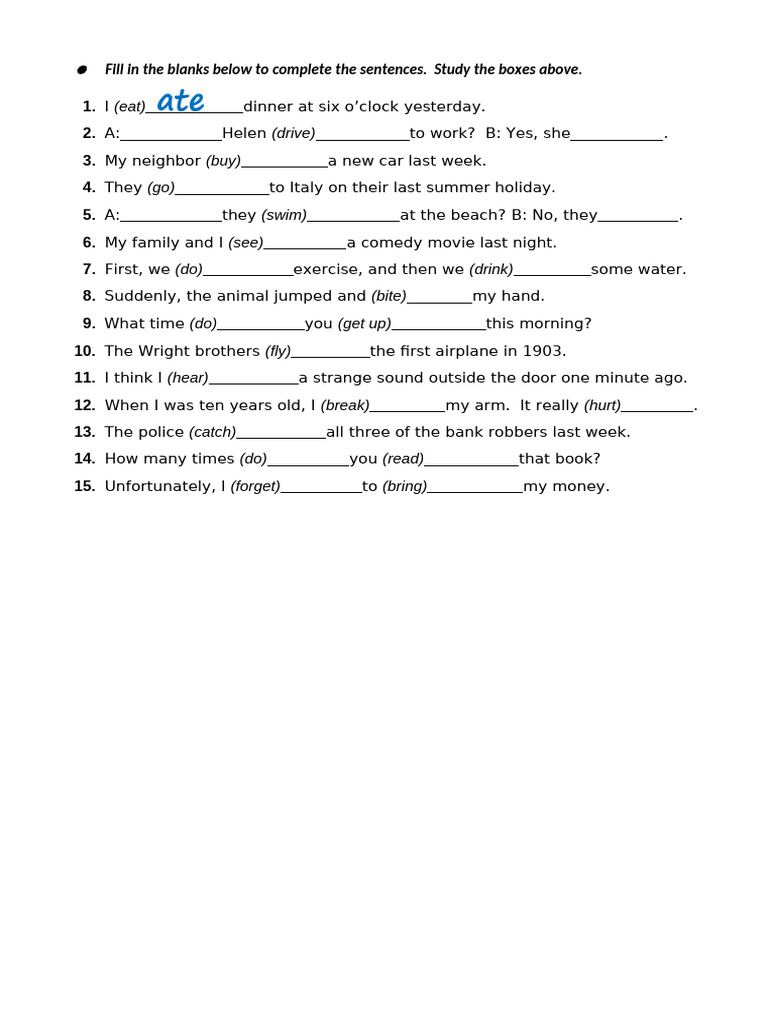 Fill in the Blanks: Past Tense Exercises | PDF