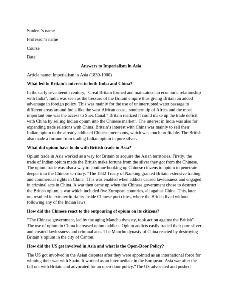 Imperialism in Asia Essay | PDF | British Empire | China