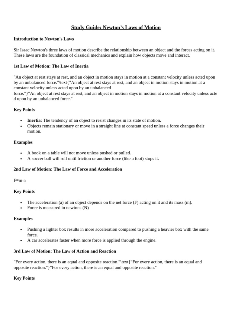 Newton's Laws of Motion Study Guide | PDF | Force | Newton's Laws Of Motion