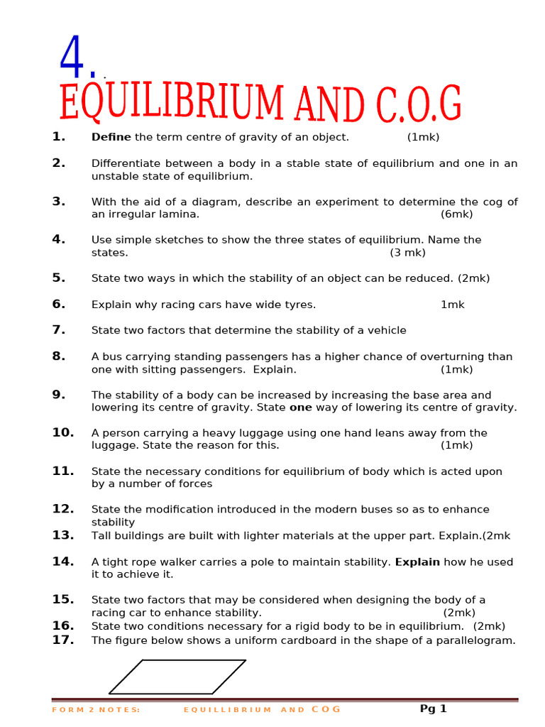 2.3 EQUILLIBRIUM AND C.O.G | PDF | Pendulum | Center Of Mass