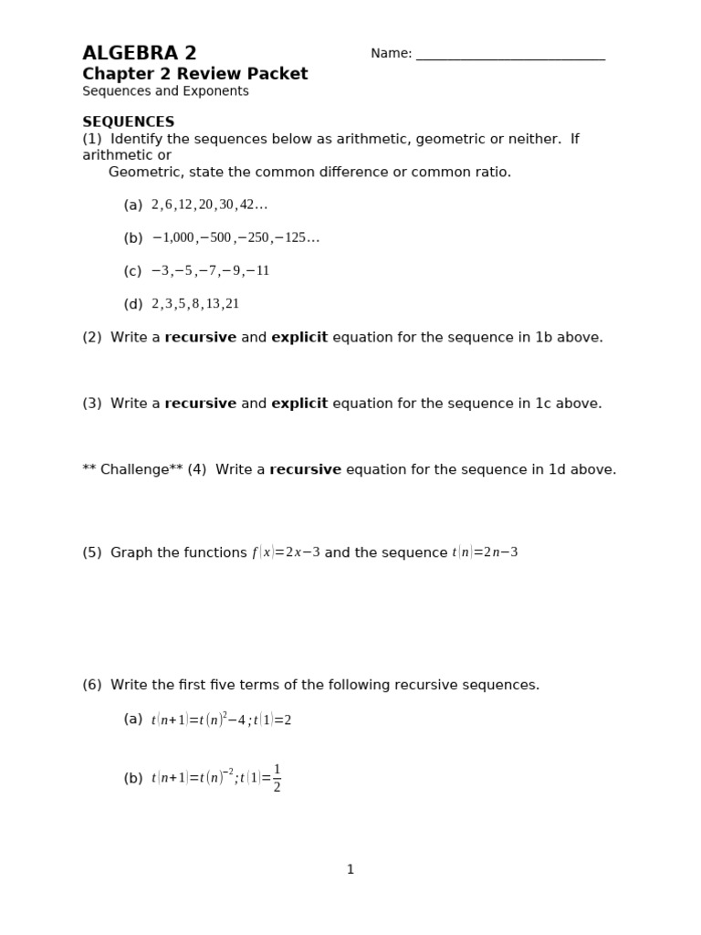 A2 Chapter 2 Review Packet | PDF | Exponential Function | Mathematical ...