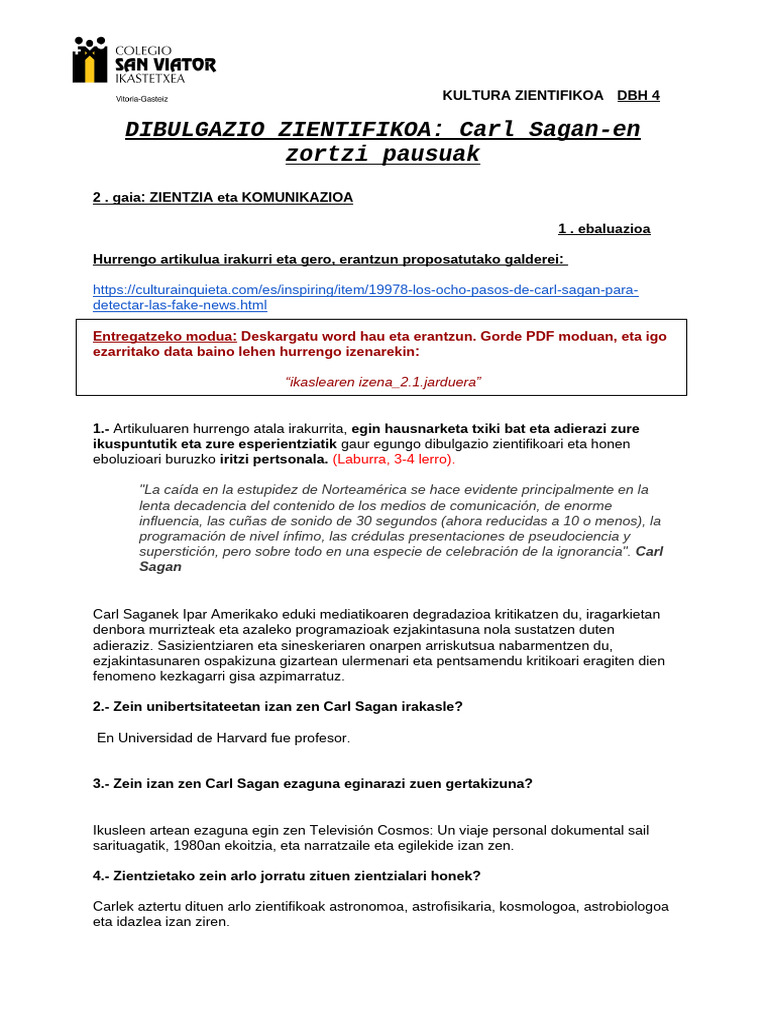 2.1. Jarduera - Carl Sagan-En Zortzi Pausuak (KZ DBH 4) | PDF