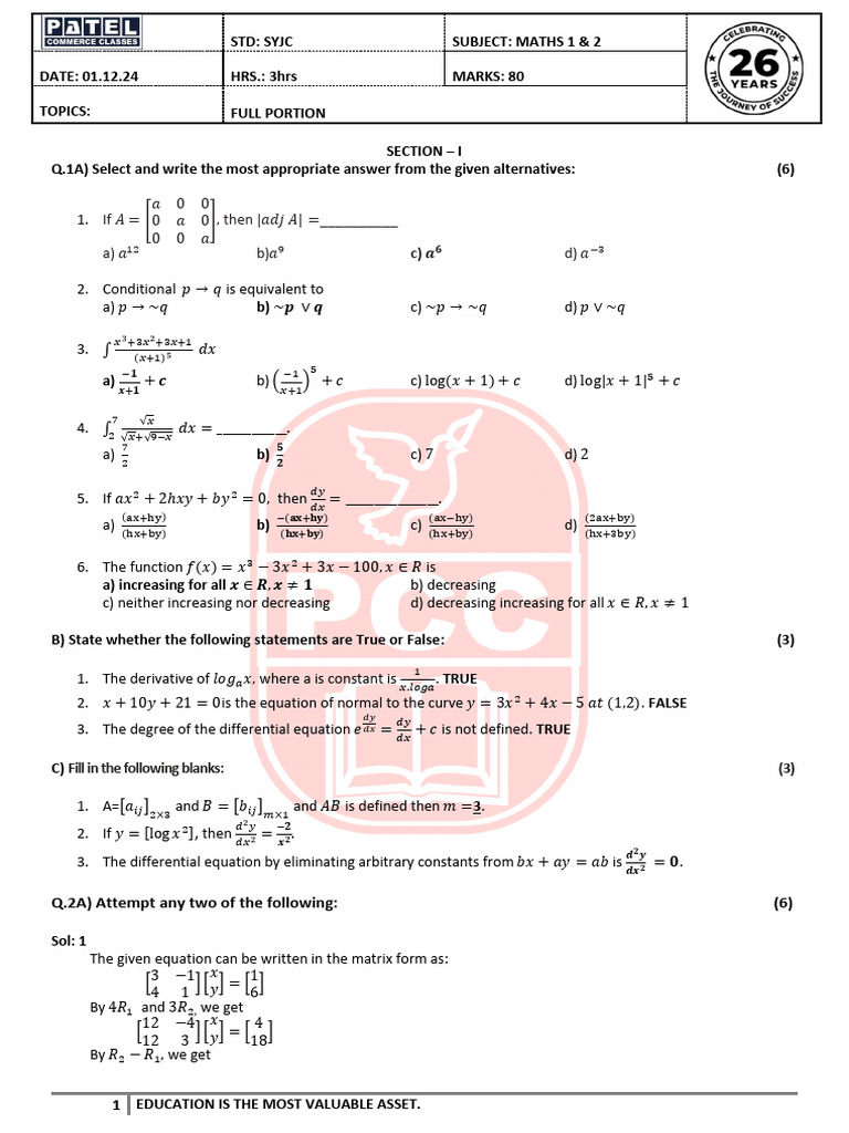 Maths Sol 1st Prelm Full Portion | PDF | Matrix (Mathematics) | Equations
