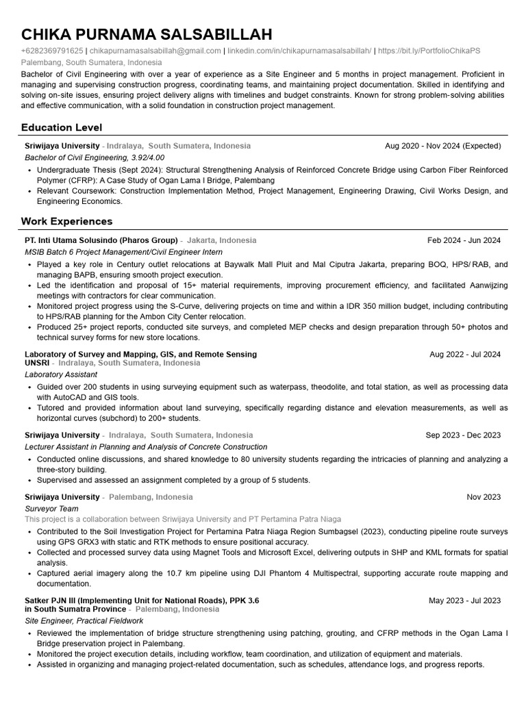 CHIKA PURNAMA SALSABILLAH-resume-Estimator | PDF | Surveying | Engineering