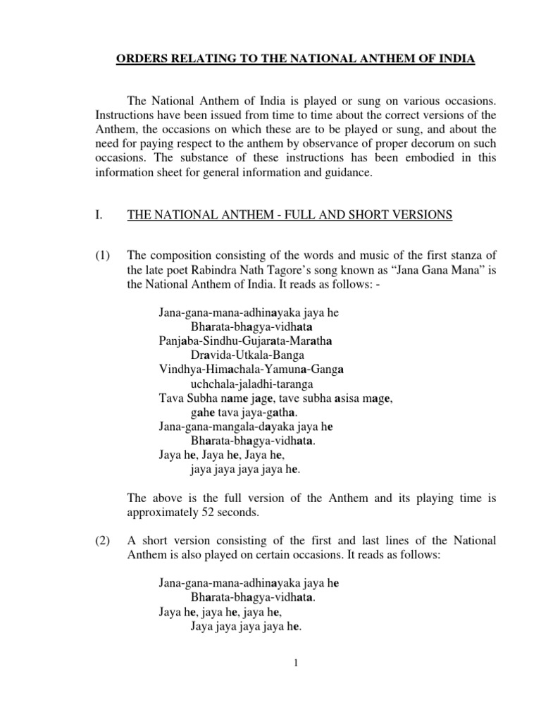 Orders Relating To The National Anthem of India | PDF | Government ...