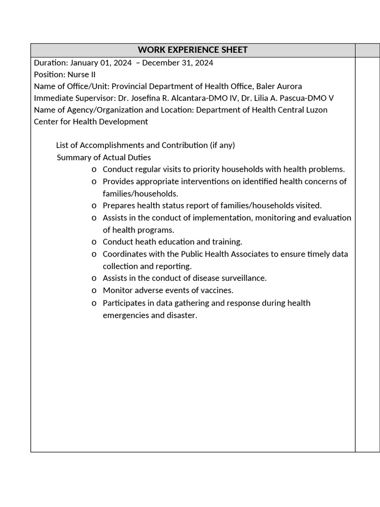 Work Experience Sheet Updated | PDF | Public Health | Medicine