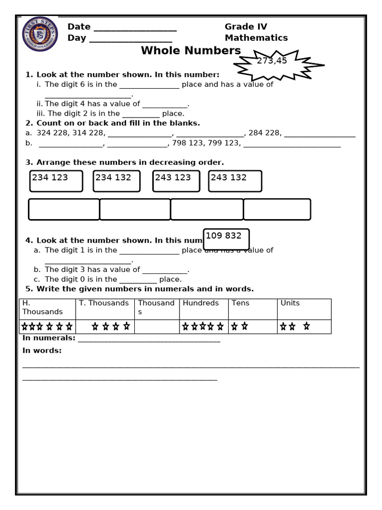 Whole Numbers Worksheet | PDF