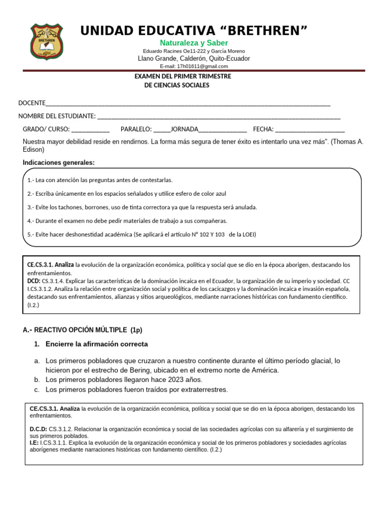 Examen 1er Trimestre Eess Quinto | PDF | Imperio Inca | Sociedad