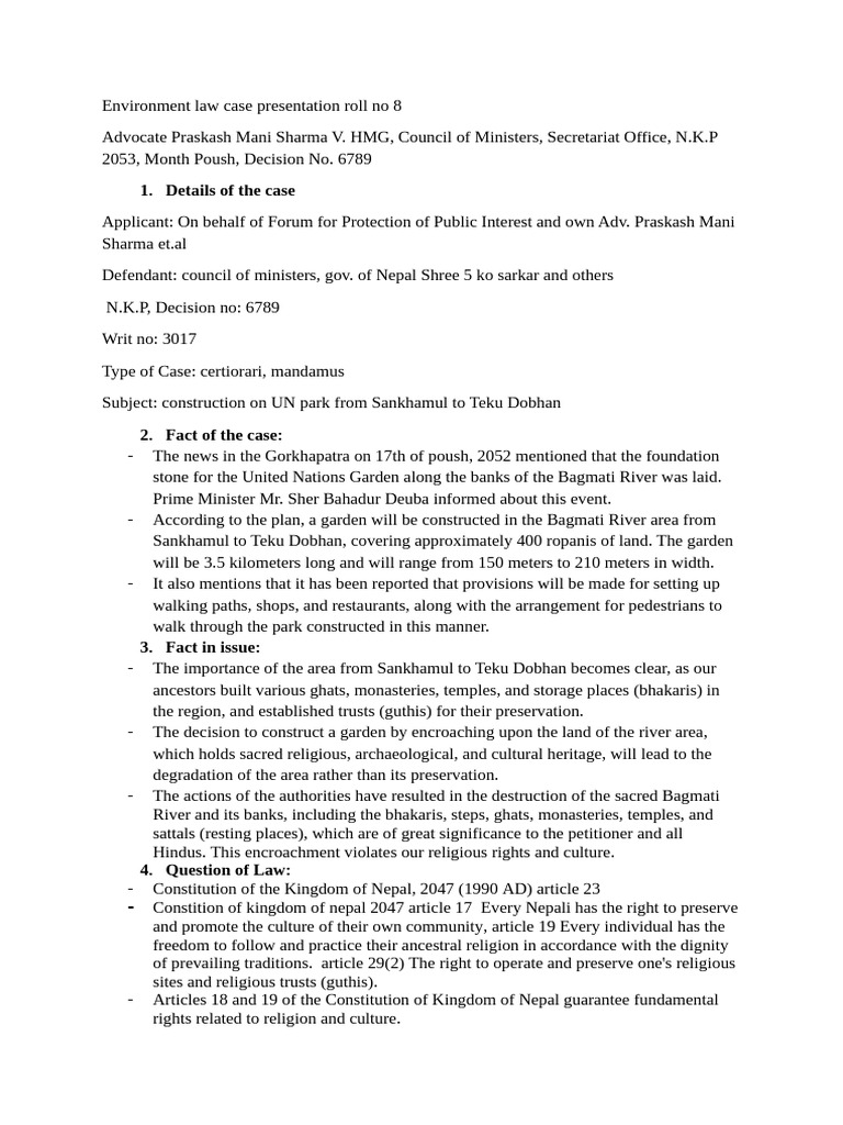Environment Law Case Presentation Roll No 8 | PDF | Mandamus | Writ