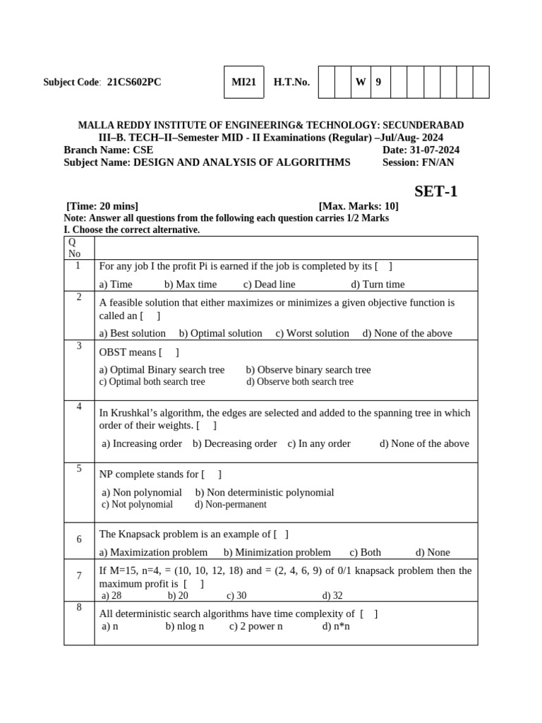 DAA CSE III - II MID-II Objective | PDF | Computational Complexity Theory | Time Complexity