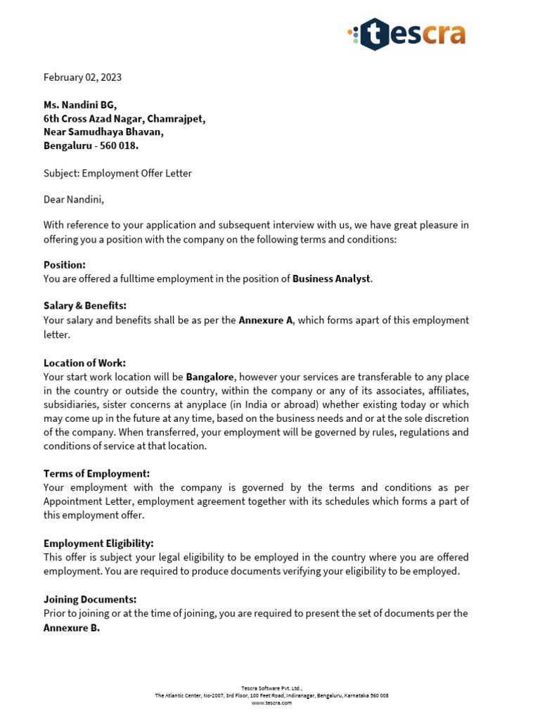 Tescra Offer Letter - Nandini BG | PDF | Insurance | Economies
