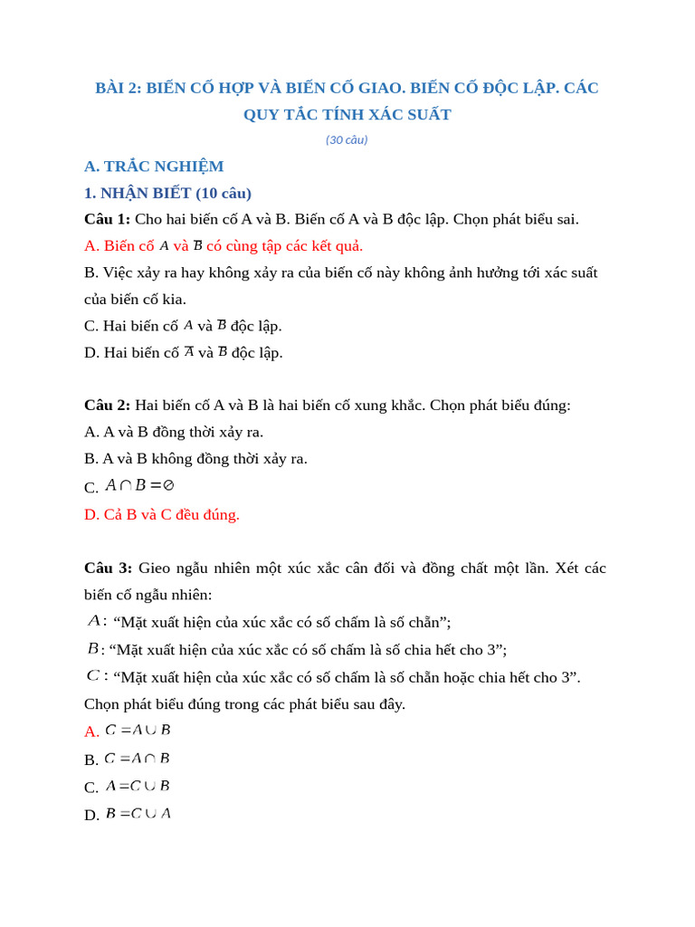 c5 Bai 2 Bien Co Hop Va Bien Co Giao. Bien Co Doc Lap. Cac Quy Tac Tinh ...