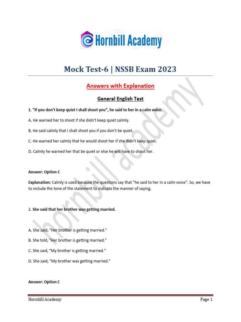 Mock Test-06 NSSB Exam 2023, Answers With Explanation | PDF | Sentence ...