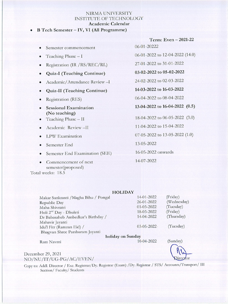 Academic Calendar For B Tech Semester - IV and VI - Even Term 2021-22 | PDF