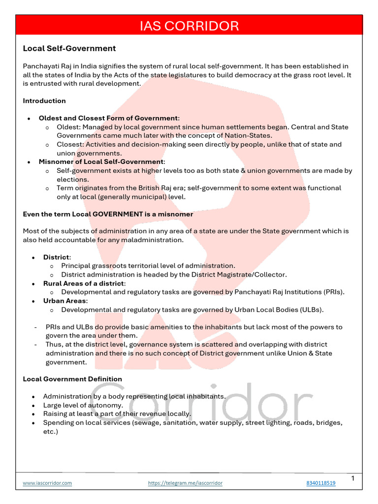 IAS Corridor Panchayats For UPSC Prelims 2025 | PDF | Government | Government Of India