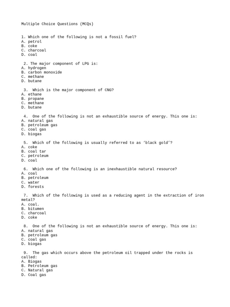 Multiple Choice Questions (MCQS) | PDF | Natural Gas | Liquefied ...