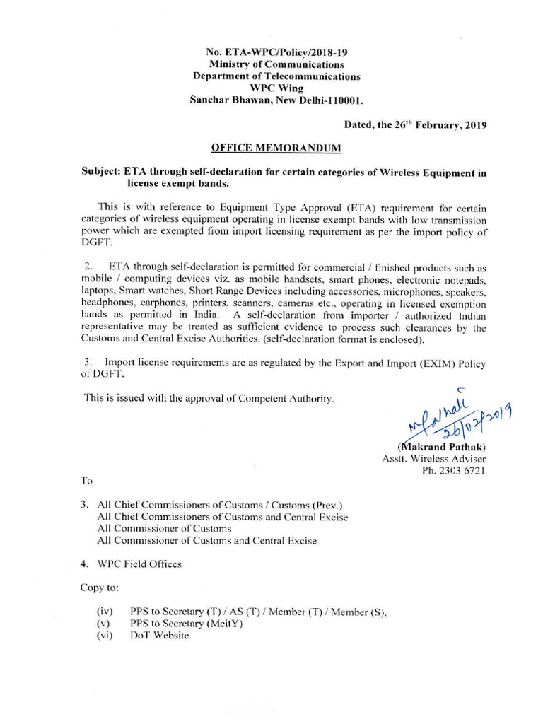 ETA Through Self Declaration For Certain Categories of Wires Equipment ...