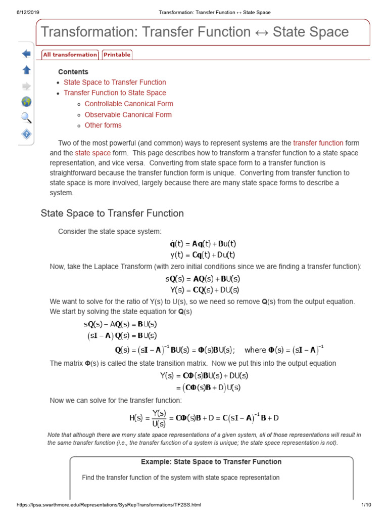 Transformation - Transfer Function State Space | PDF | Derivative ...
