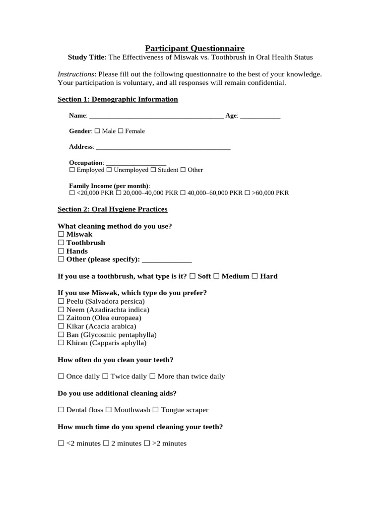 Participant Questionnaire | PDF | Dentures | Dentistry