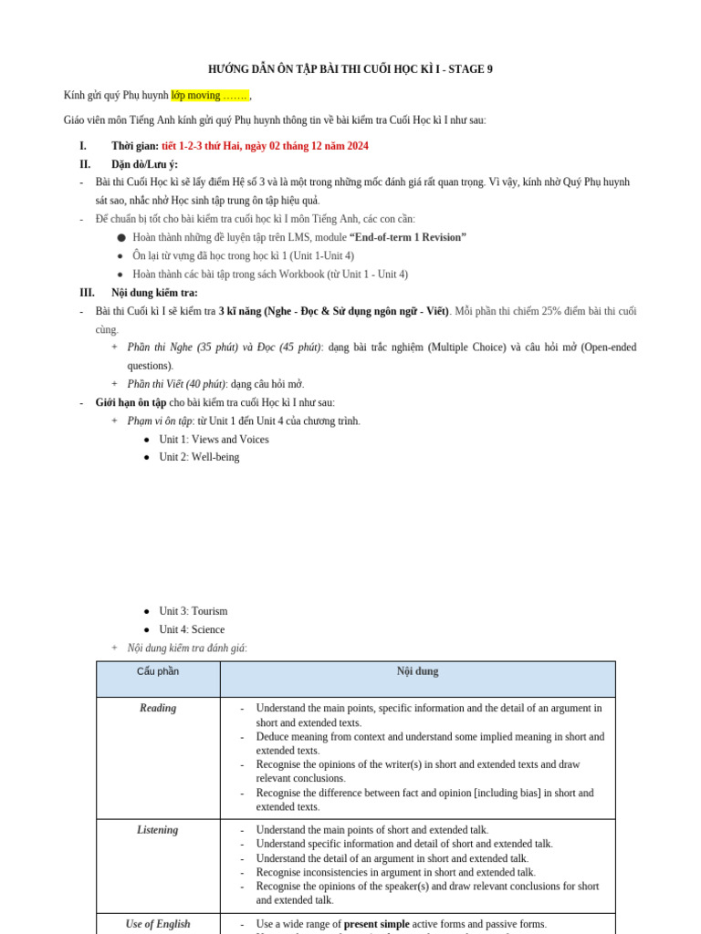 (Approved) Stage 9 - Thư Hướng Dẫn Ôn Tập EOT1 | PDF