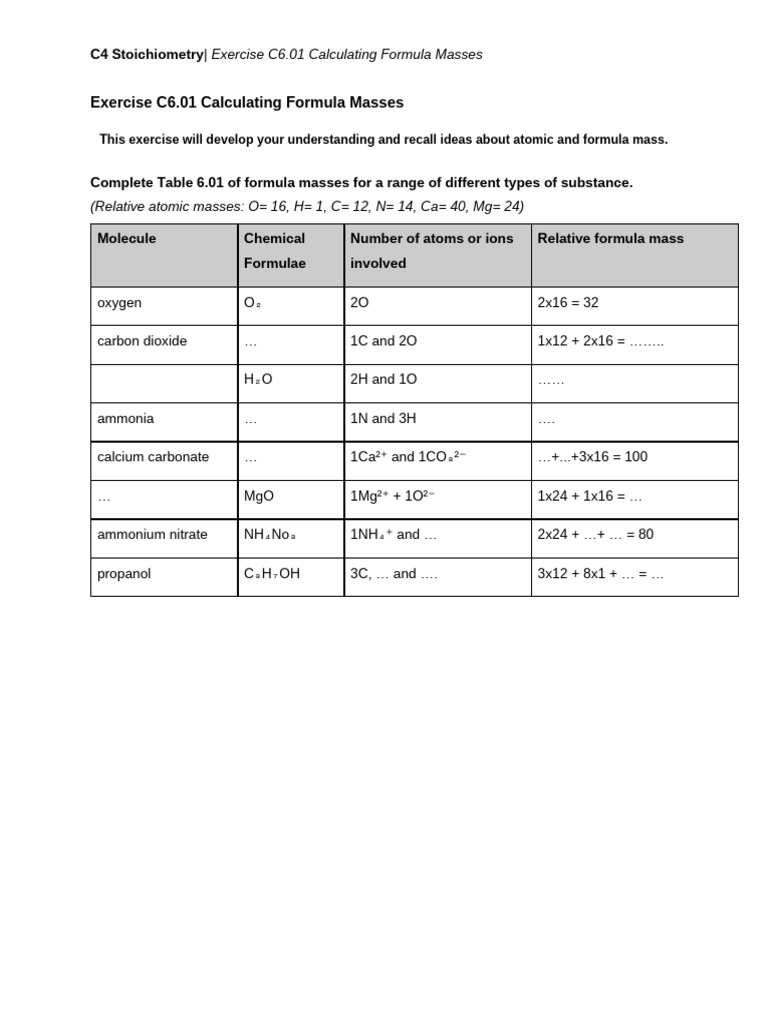 C3 Stoichiometry_ Exercise C6.01 Calculating Formula Masses | PDF