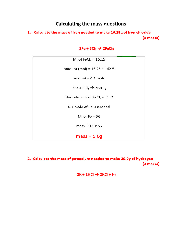 Mass Calculations for Chemical Reactions | PDF