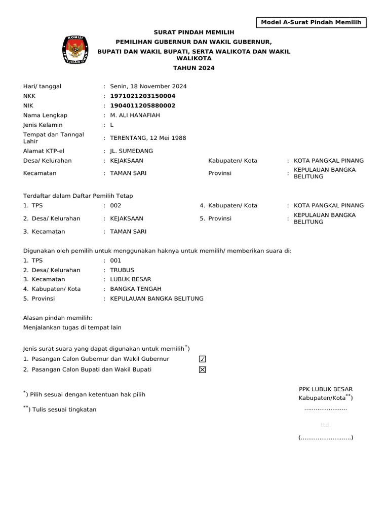 SuratPindahMemilih - M ALI HANAFIAH | PDF