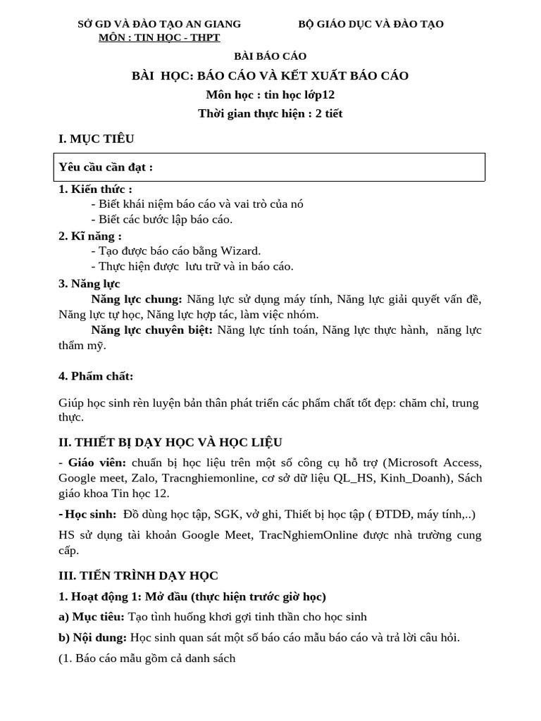 LOP12-BAI9-BAO CAO VA KET XUAT BAO CAO - THPT Tân Châu | PDF