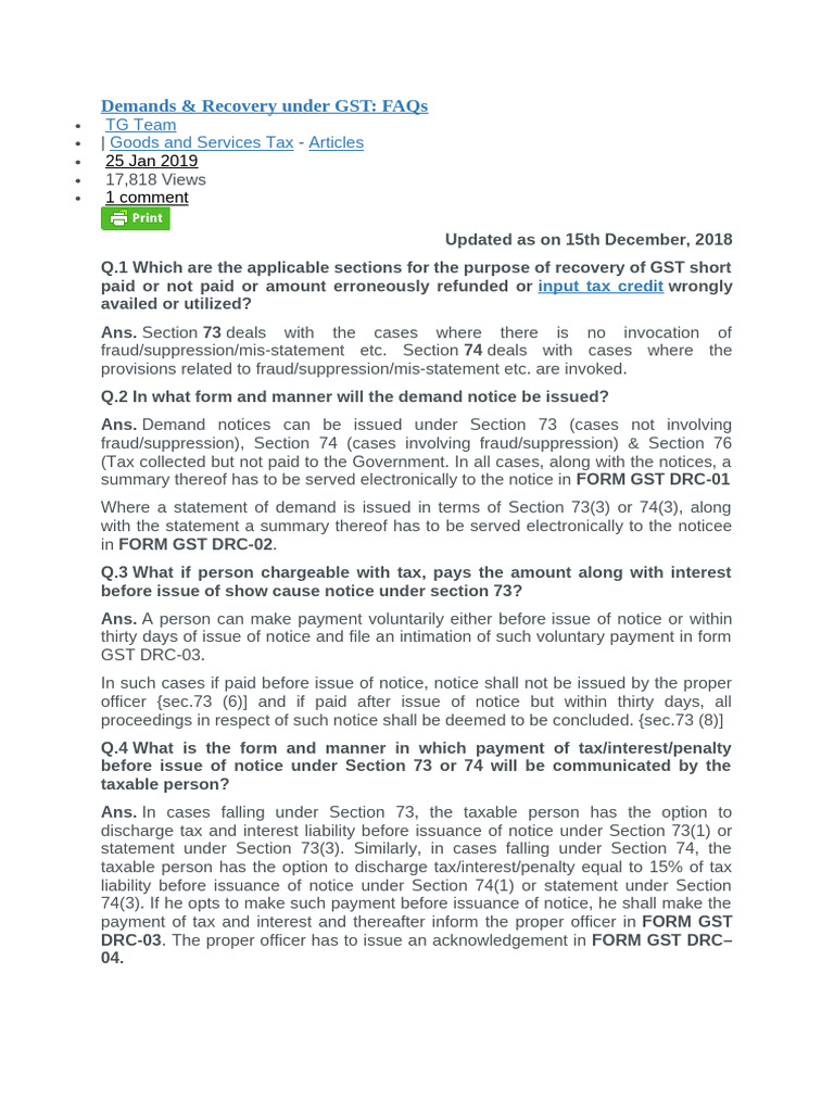 Demands & Recovery Under GST FAQs | PDF | Auction | Taxes